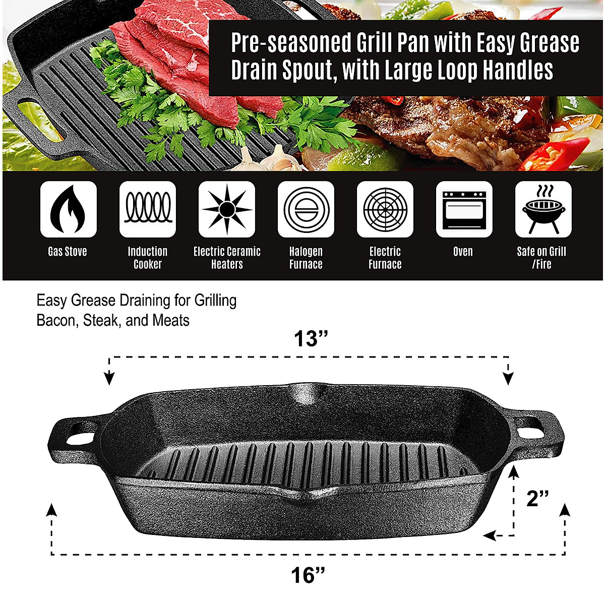 Bruntmor 13-Inch Cast Iron Grill Pan Pre-Seasoned Cast Iron Pan for Stovetop and Outdoor Use - Induction Compatible Griddle Cookware with Ridges for Steak, Meats, and Vegetables