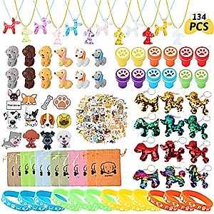 Moltby 134Pcs Dog Paw Party Favors Set - Dog Paw Print Bracelet Necklace Keychain Brooch Sticker Erasers Puppy Gift Bag for Kids Boys Girls Birthday Goodie Bags Animal Theme Supplies