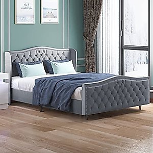 BALUS King Wingback Bed Frame with Headboard,Upholstered Platform Bed Frame Dutch Velvet Upholstered Bed，Modern Design，Available in 3 Sizes and 3 Colors Panel Bed Frame (Silver Gray)
