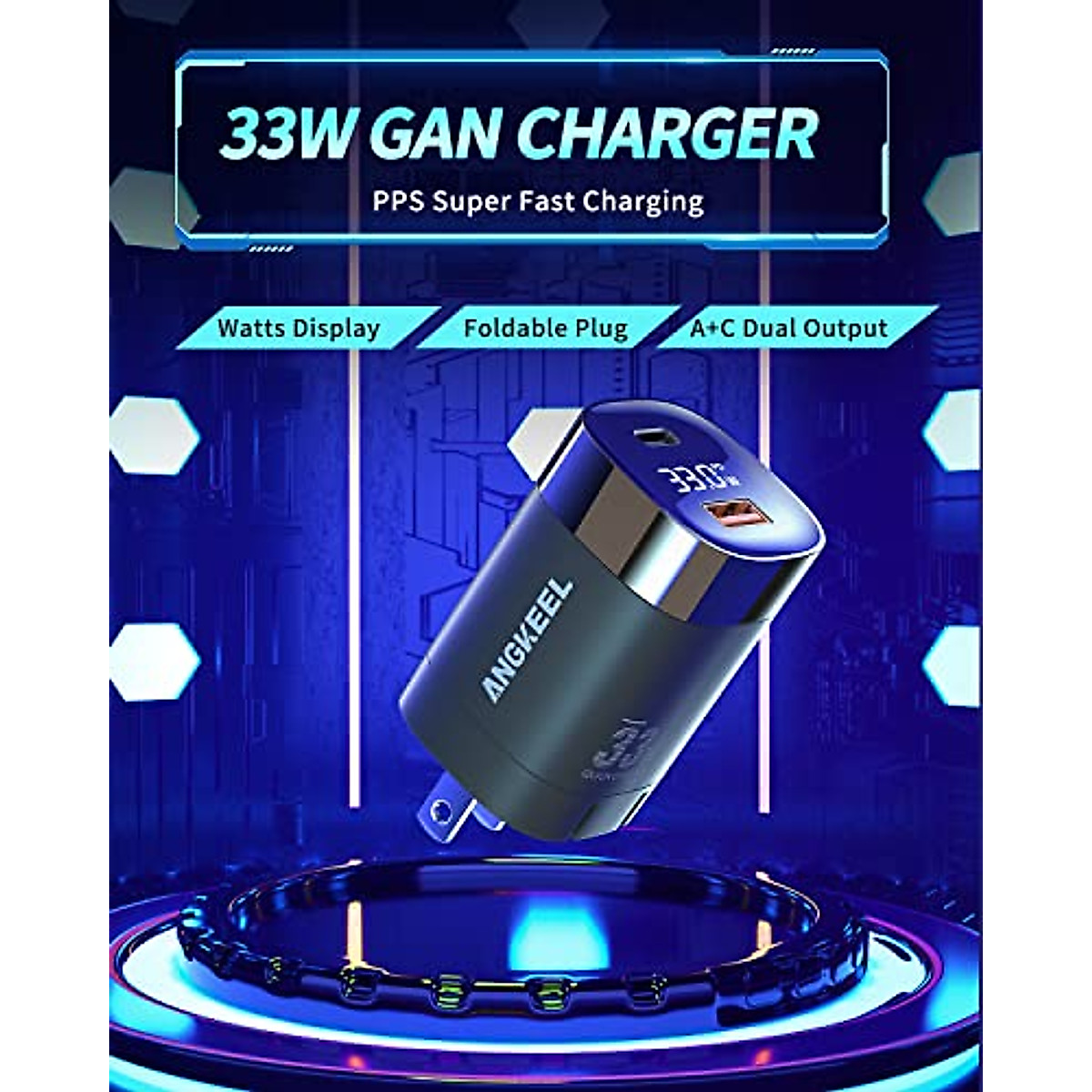 33W USB C Wall Charger GaN PD/QC 30W PPS Super Fast Charging Block with Watt Display& Foldable Plug Type-C Port Power Adapter for iPhone 14/13/12, Samsung S22/S21/S20, Pixel 7/6, iPad Pro/Air and More