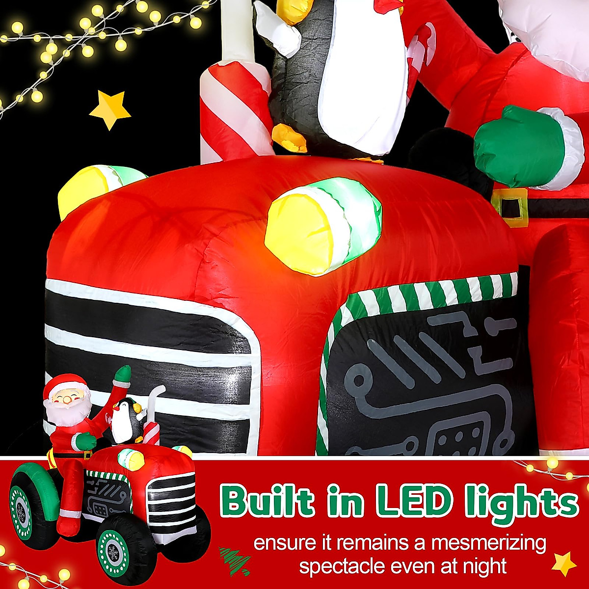 Retisee 5 Feet Tall Christmas Inflatable Santa Claus Drive Tractor with Penguin LED Holiday Outdoor Blow up Yard Decorations with Lights for Christmas Party Indoor Family Garden Lawn Decor