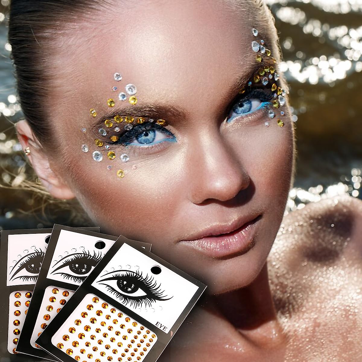 3 Sheets Eye Body Face Gems Jewels Rhinestone Stickers Temporary Tattoo Gems Self Adhesive Crystal Makeup Face Stick Gems for Festival Accessory and Nail Art Decorations(Gold)