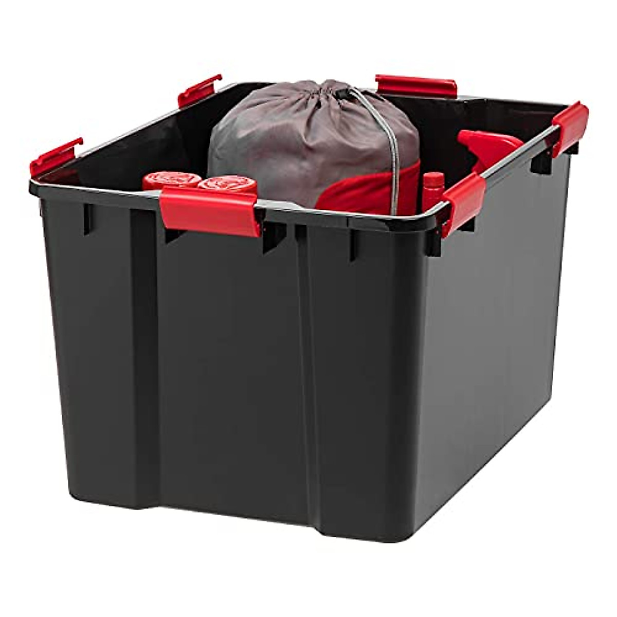 IRIS USA 74 Quart WEATHERPRO Plastic Storage Box with Durable Lid and Seal and Secure Latching Buckles, Weathertight, Black with Red Buckles, 4 Pack