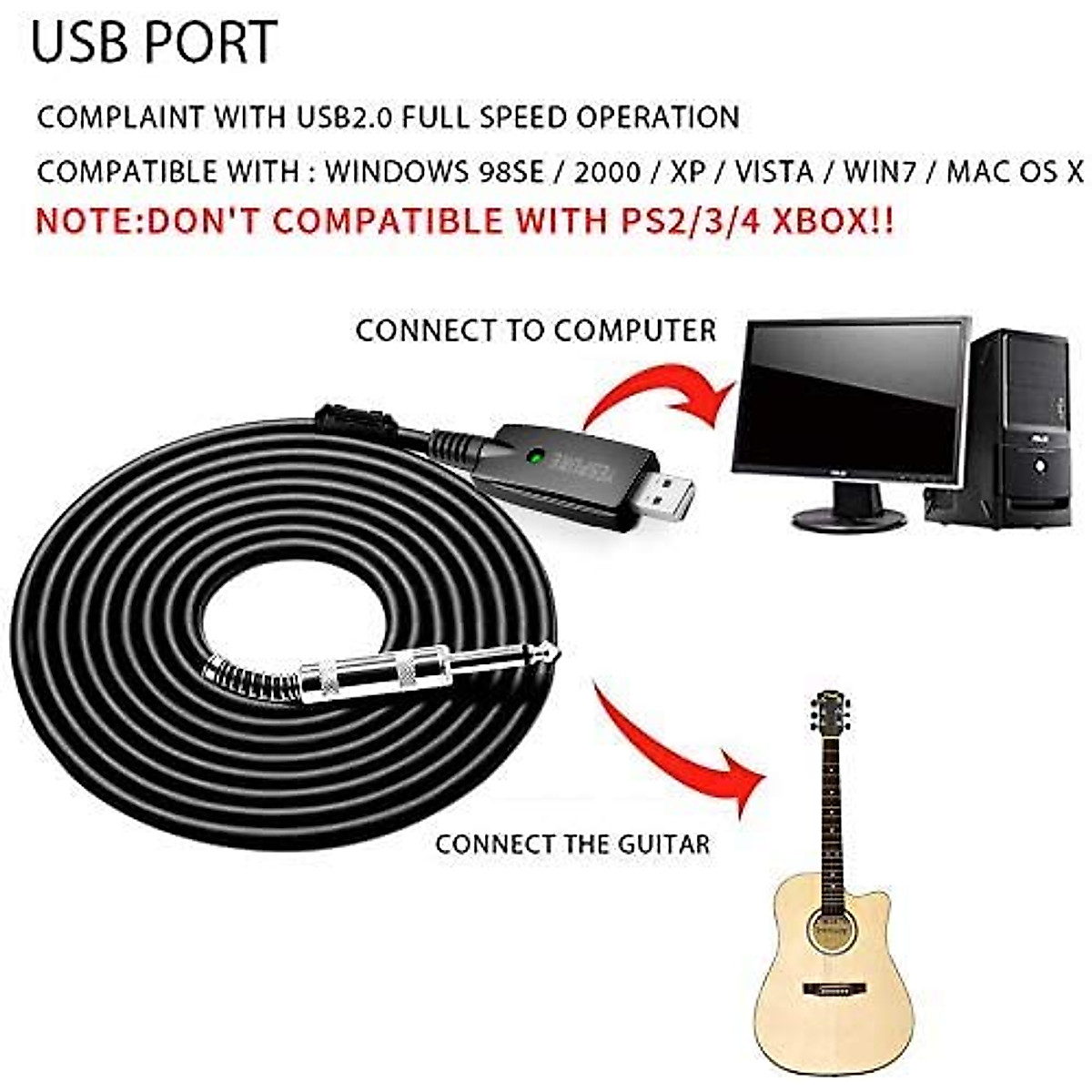 YESPURE USB Guitar Cable,Guitar Bass to USB Link Connection Cable Adapter,Professional Guitar to PC USB Link Recording Cable Lead Adaptor 2.8M/9.2FT