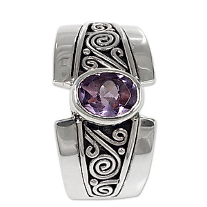 NOVICA Artisan Handmade .925 Sterling Silver Amethyst Single Stone Ring Artisan Crafted with Purple Indonesia Birthstone 'Purple Karma'
