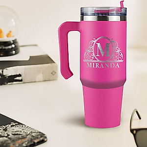 Personalized 30 oz Travel Mug - Elaborate Circle Monogram - Pink Custom Engraved Cup with Handle Vacuum Insulated Tumbler Birthday Gift for Women, Men, Beer and Drinks
