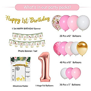 PYCALOW First Birthday Decorations Girl - 1st Birthday Girl Decorations Include Balloon Garland Arch, Box, Backdrop, Hat, Banner, High Chair Banner, Poster, Topper, Baby Girl 1st Birthday Decorations