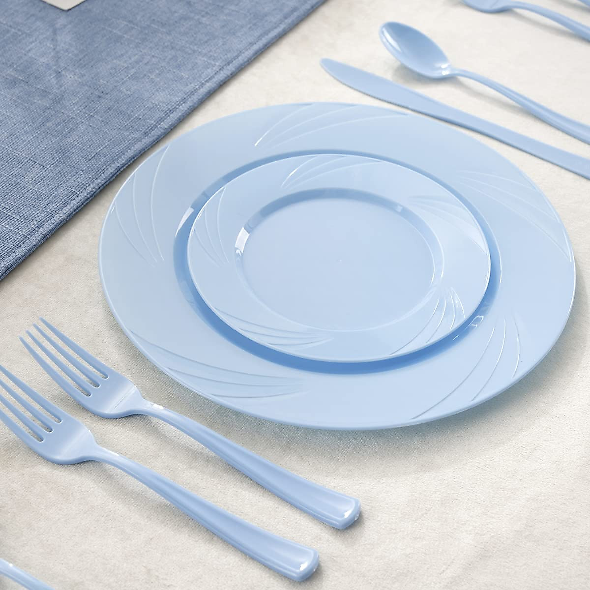 YOUBET 125Pieces Blue Plastic Plates - Blue plates with Blue Silverware Disposable - Include 25 Dinner Plates 25 Dessert Plates 25 Forks 25 Knives 25 Spoons for Birthday Parties &Wedding