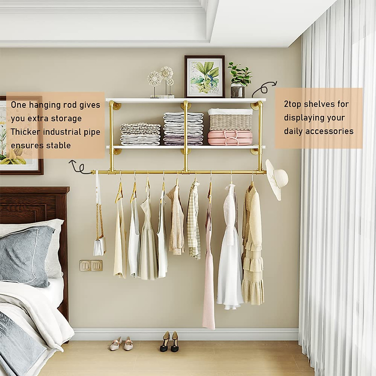 MAIKAILUN Wall Mounted Clothes Rack Gold with Shelf, 52" Long Industrial Pipe Clothing Rack with 2 Tier Shelves Heavy Duty Iron Garment Rack Bar,Retail Display Clothes Rod for Clothes,Laundry Room