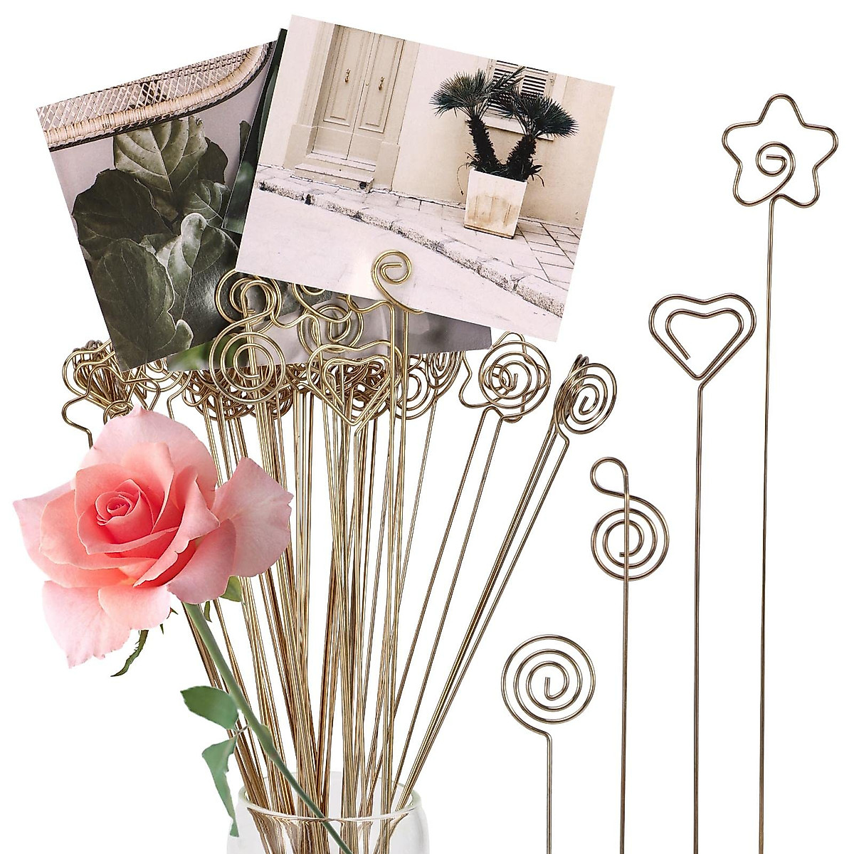 CALIDAKA 40pcs Metal Wire Floral Picks Wire Place Card Holder Stand Gold Floral Card Holder Clip for Wedding Party Birthday Office DIY Cake Topper Shower Party Flower Favor Card Holder(Size:13inch)