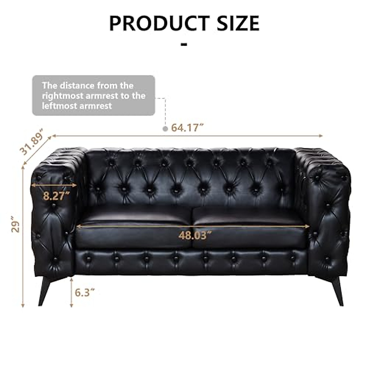 Chesterfield Loveseat, Modern Faux Leather Button Tufted Accent Sofa Couch with Square Arms and Metal Legs for Living Room, Bedroom, Office, Apartment (Black)