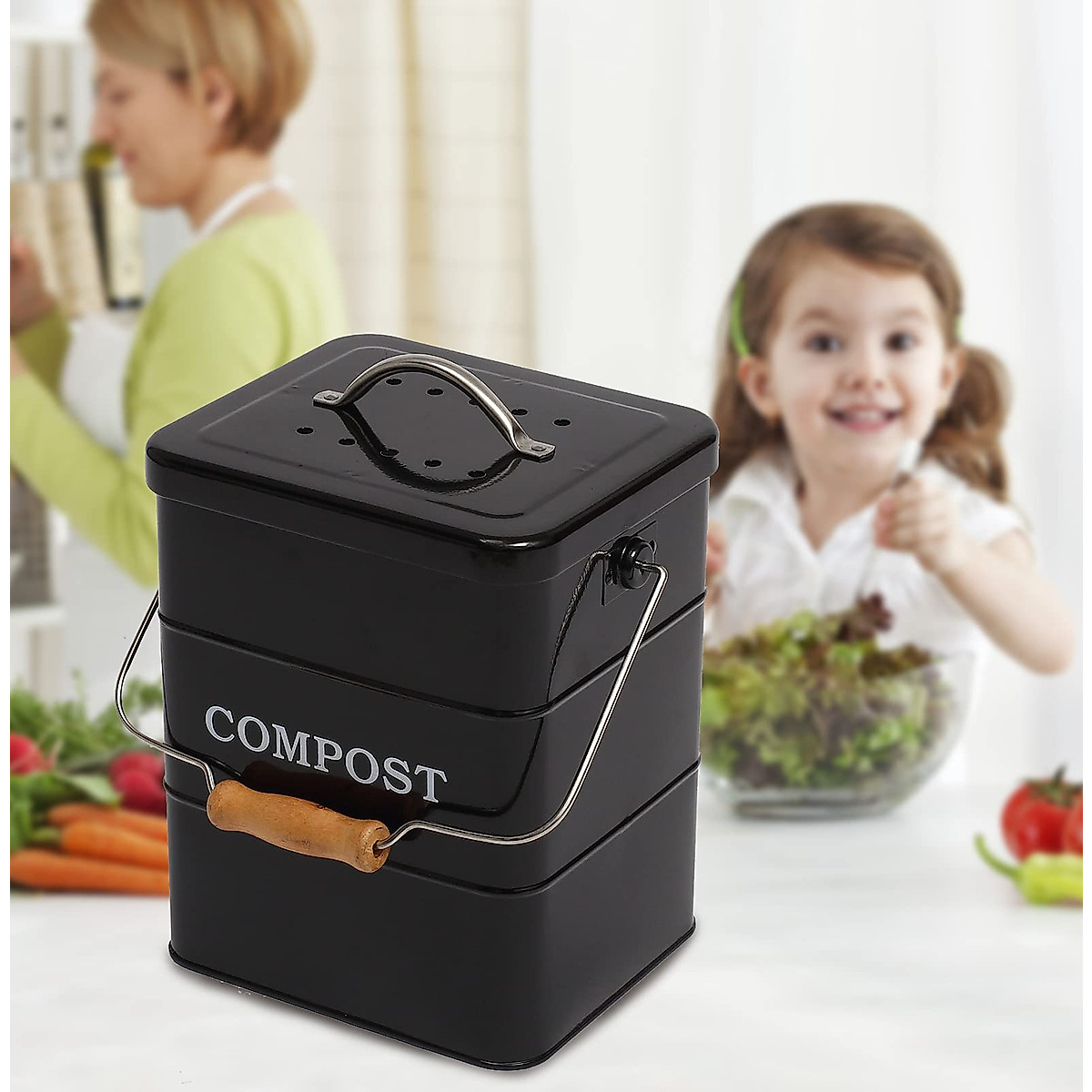 ayacatz Stainless Steel Compost Bin for Kitchen Countertop Compost Bin，1 Gallon, Kitchen Trash Can -Includes Charcoal Filter，Compost Bucket Kitchen Pail Compost with Lid-Black