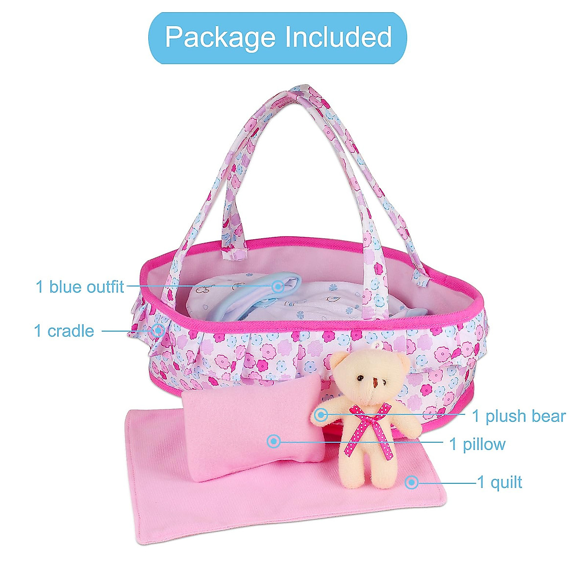 Baby Doll Cradle Bassinet Portable Doll Carrier Carry Bag Doll Bed,Baby Doll Accessories Playset,with Doll Clothes Soft Pillow Quilt Blanket Bear,for 8-9-10-11-12 Inch Smaller Alive Baby Doll