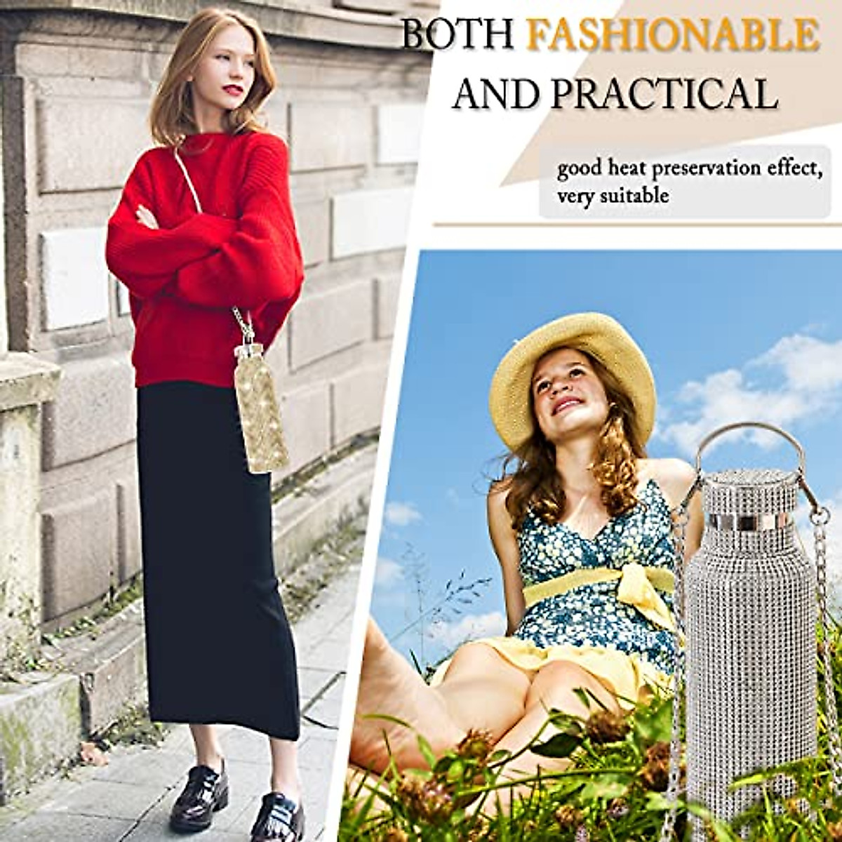 Diamond Water Bottle, Bling Rhinestone Vacuum Flask Glitter Thermos Bottles, Stainless Steel Insulated Water Bottle Refillable Water Bottle With Chain for Women Girl Gift (25oz/750ml, Silver)