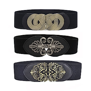 Swtddy 3 Pack Women's Vintage Wide Elastic Stretch Waist Belt Waistband (3 Design Black Color, Suit For Waist Size 36"-45")