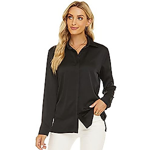 Escalier Women's Satin Silk Long Sleeve Button Down Shirt Casual Work Office Silky Blouse Top (Black, Small)