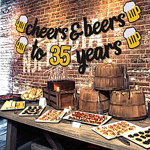 Cheers 35 Years Banner 35th Birthday Decorations for Men Women Him Her 35s Happy Birthday Theme Wedding Anniversary Party Supplies Black Sparkle Decorations Pre-strung