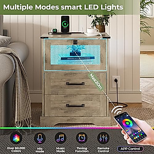 Hasuit Farmhouse Night Stand with LED Lights and Charging Station, Rustic Oak Nightstand with 2 Drawers, and Cubby with Wire Mesh Door, Bedside End Table for Bedroom