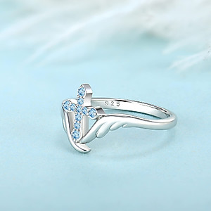 STARCHENIE Cross Ring 925 Sterling Silver Angel Wings Ring for Women March Aquamarine Size7