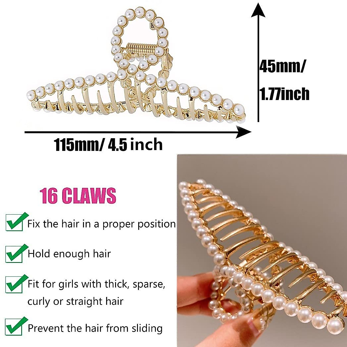 VinBee Pearl Hair Clips For Women, Large Metal Hair Claw Clips For Thick and Thin Hairs, Jaw Clamp Clips-3 Pack 4.5 Inches