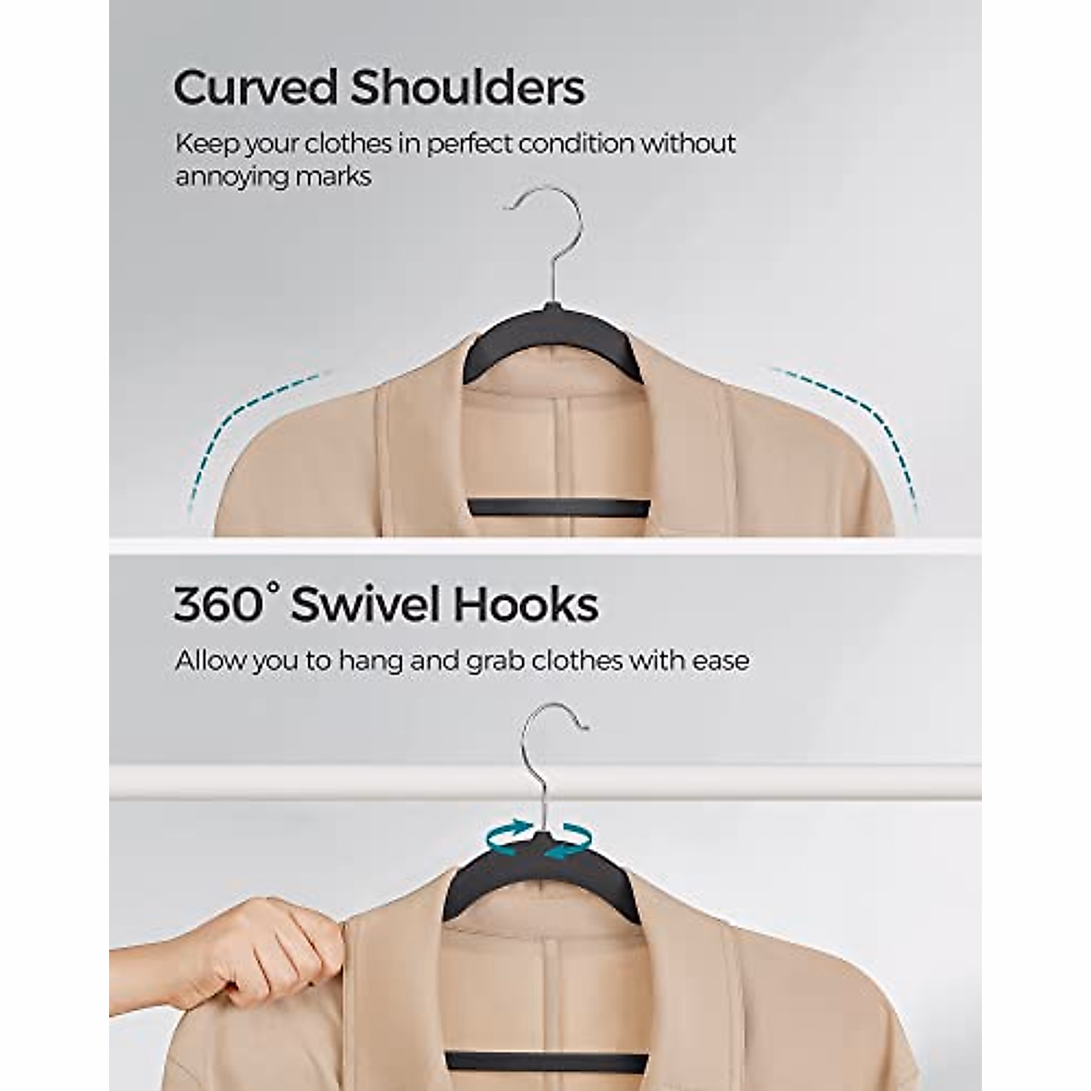 SONGMICS Velvet Hangers 50 Pack, Non-Slip Clothes Hangers, with Shoulder Notches, Pants Bar, 360° Swivel Hook, Space-Saving, for Closet, Black UCRF029B05