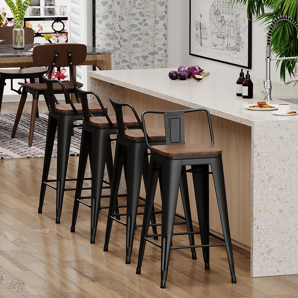 Yongchuang 30 inch Bar Stools Set of 4 Bar Height Metal Barstools with Wood Seat Low Back Kitchen Bar Chairs Matte Black