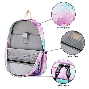 Imyth 3Pcs colorful Backpack sets for Teen Girls, Cute Bookbag School Daypacks for Elementary Middle Students (Tie dye-Purple)