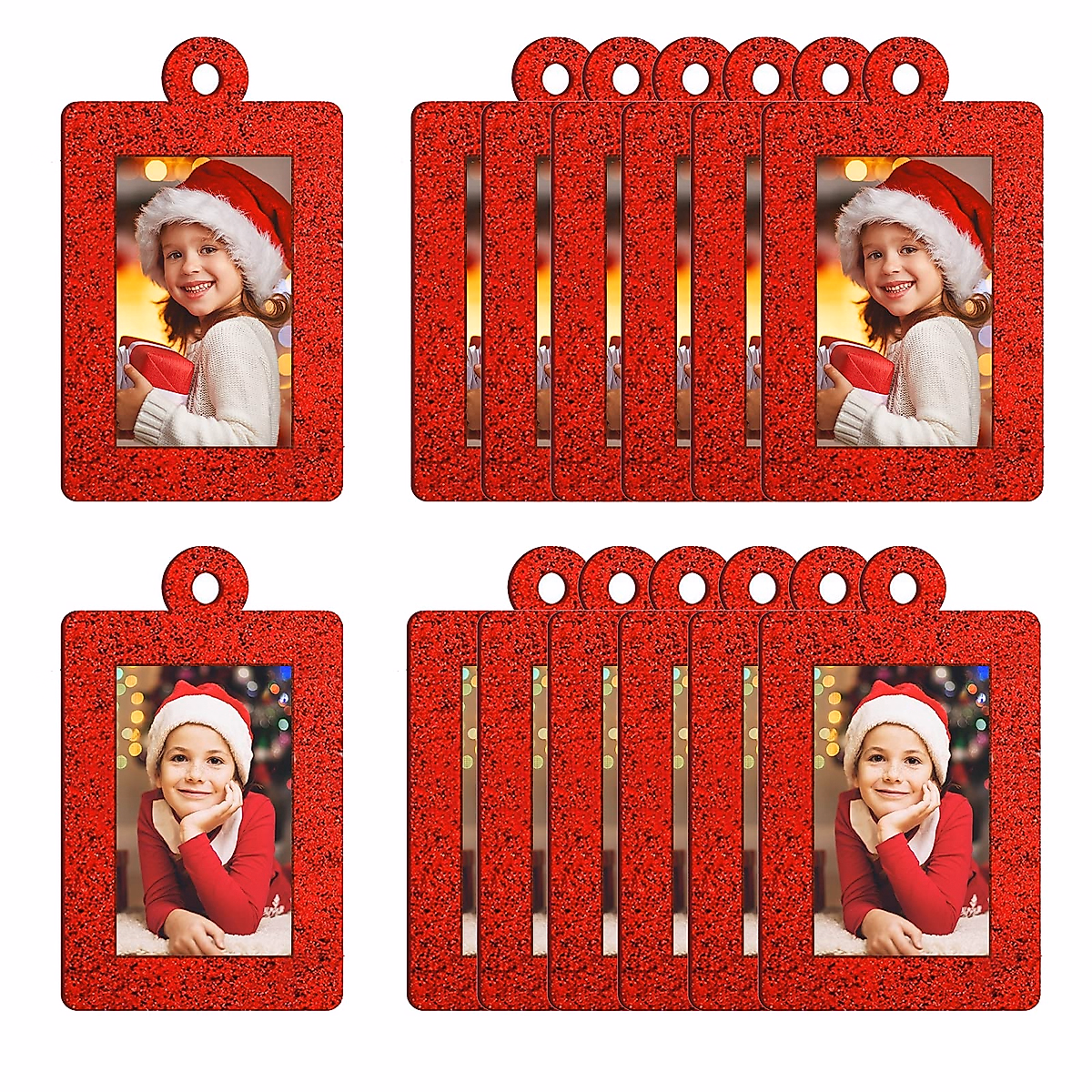 20 Pieces Christmas Photo Ornament Frames Christmas Tree Glitter Picture Frame Felt Hanging Photo Frame for Holiday Decoration (Rectangle, Red)