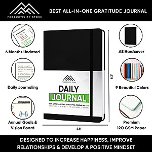 Best Daily Journal for Men & Women for Mindfulness, Productivity, Happiness & Self Care | Gratitude Journal, Affirmation Journal, Positivity Journal, Manifestation Journal, Self-Care Journal, Habit Tracker & Daily Journal with Prompts (Black)