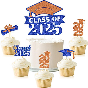 Graduation Cake Topper Congrats Grad Cupcake Toppers Kindergarten High School College University Glitter Decoration Blue Orange