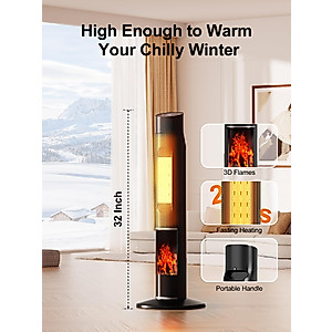 Uthfy Space Heaters for Indoor Use, 32" Electric Heater With Flame for 400 Sq.ft Large Room, 1500W Portable Tower Ceramic Room Heater With 24 H Timer, Remote, 80°Oscillation, 3 Modes for Bedroom