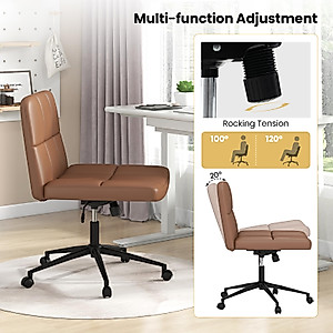 Giantex Criss Cross Chair with Wheels, PU Leather Cross Legged Office Chair, Height-Adjustable Swivel Vanity Chair with U-Shaped Seat, Armless Wide Desk Chair for Home, Office, Make Up, Brown