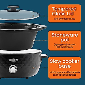Elite Gourmet MST1234BX Diamond Pattern Slow Cooker Removable, Dishwasher-Safe Stoneware Pot with Tempered Glass Lid, Cool-Touch Handles, 6 Quart, Charcoal Black
