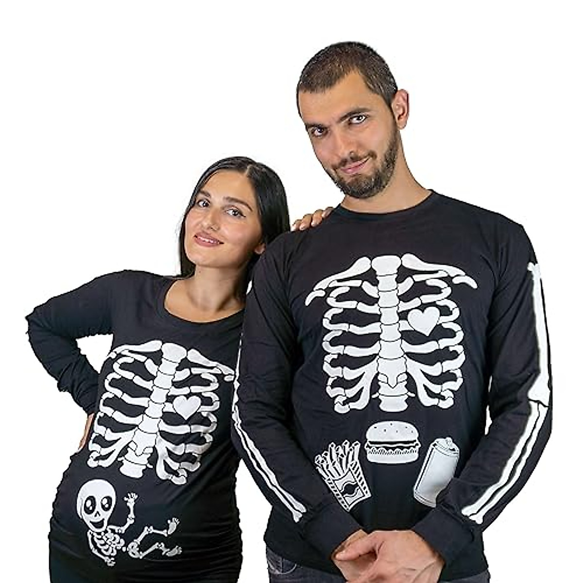 Men's Glow in The Dark Skeleton Ribcage Long Sleeve Shirt Halloween Costume Glowing tee (Mens X-Large)