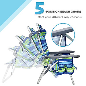 Goplus Backpack Beach Chairs, 3 Pcs Portable Camping Chairs with Cool Bag and Cup Holder, 5-Position Outdoor Reclining Chairs for Sunbathing, Fishing, Travelling (Blue+Green, with Side Table)