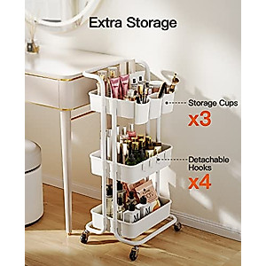 Pipishell 3-Tier Rolling Cart with Wheels - Rolling Storage Cart with Hanging Cups & Hooks - Mobile Utility Cart for Office, Kitchen, Craft Room - Art & Craft Organizer (White, PIUC06W)"