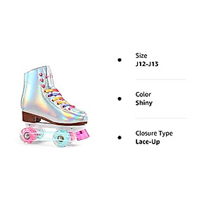 LIKU Quad Roller Skates for Girl and Women with All Wheel Light Up,Indoor/Outdoor Lace-Up Fun Illuminating Roller Skate for Kid (Shiny, J12-J13)
