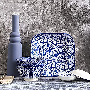 Selamica Porcelain 8-inch Square Dinner Plates, Salad Pasta Bowls, Set of 6, Vintage Blue