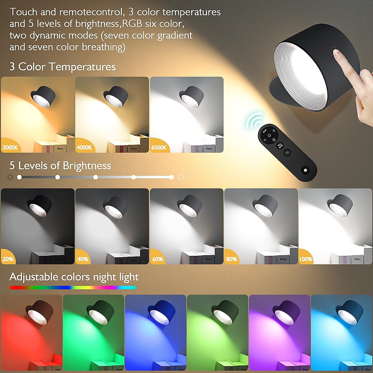 Okelon USB Rechargeable Wall Mounted LED Lamp Sconce with 3 Color Temperatures & 5 Light Brightness Levels,360° Rotatable Magnetic Ball & Remote Control for Reading Study Bedside