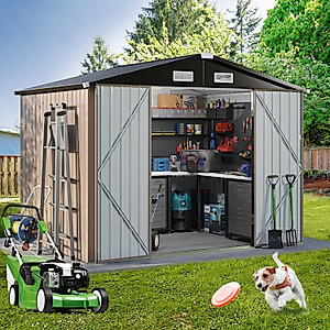 Jolydale 5.6’x8’ Outdoor Storage Shed, Metal Shed for Bike, Tool Storage Shed, Outside Lawn Mower Storage Sheds & Outdoor Storage with Lockable Door for Pstio, Backyard, Garden (Brown)