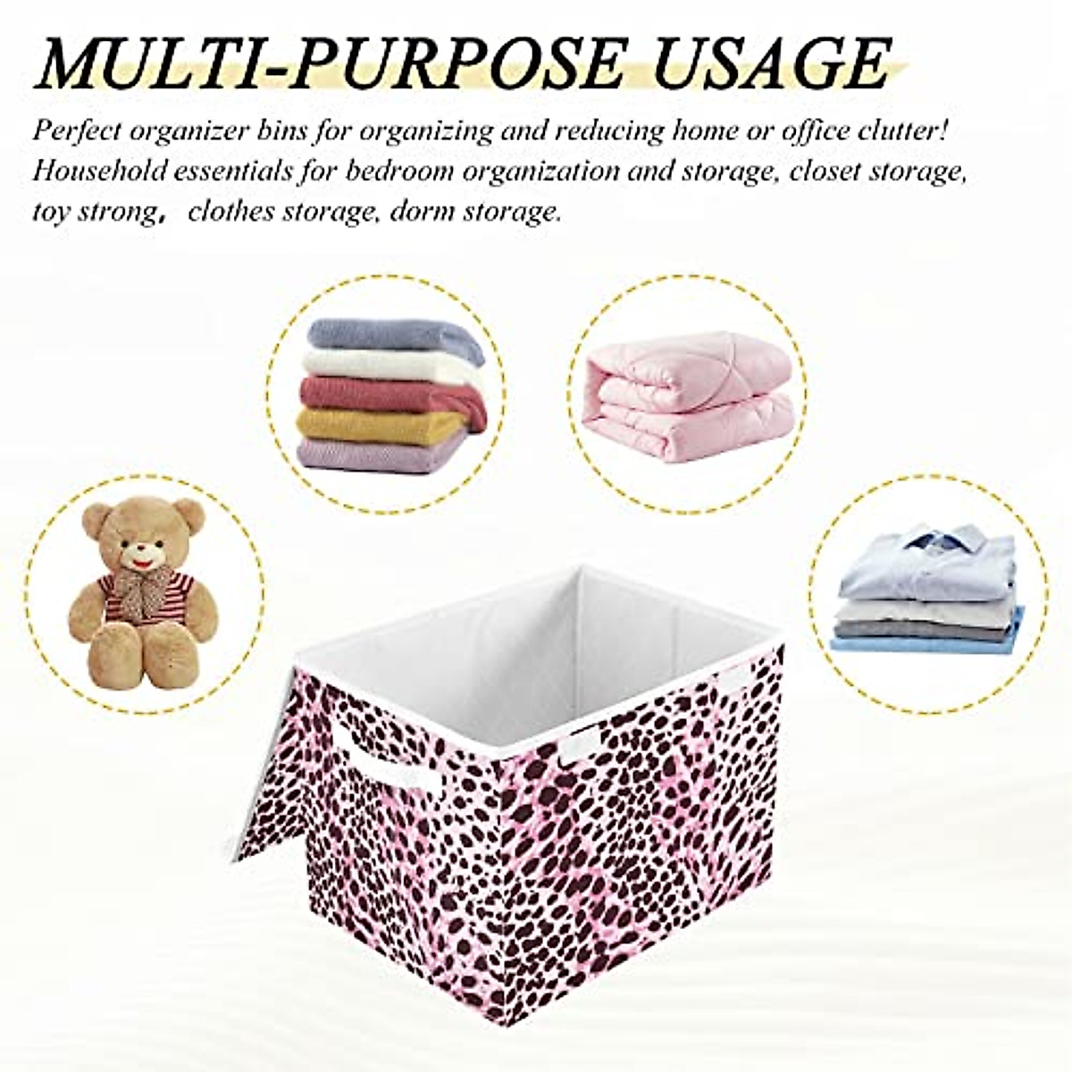 Kigai Pink Sexy Cute Leopard Storage Bin, Storage Baskets with Lids Large Organizer Collapsible Storage Bins Cube for Bedroom, Shelves, Closet, Home, Office 16.5 X 12.6 X 11.8 Inch