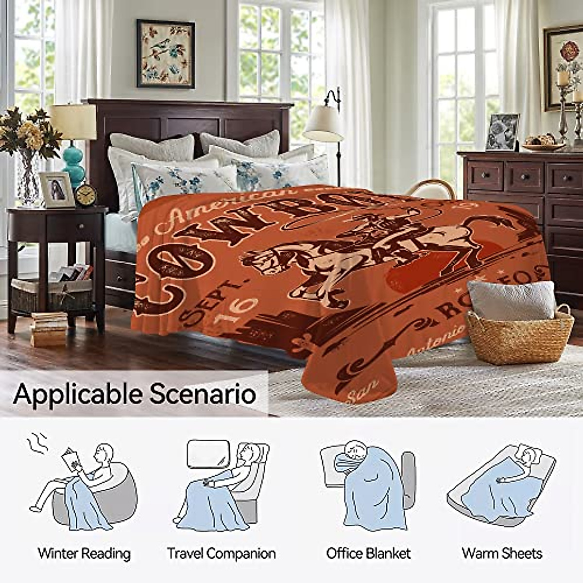 Kamoxi Western Cowboys Blanket Retro Rodeo Cowboy Sitting on A Horse Throw Blankets for Men Boys Soft Red Fluffy Flannel Bed Sofa Chair Couch Decor Fleece Blankets Fall Plush Fuzzy Bedding 50"x40"