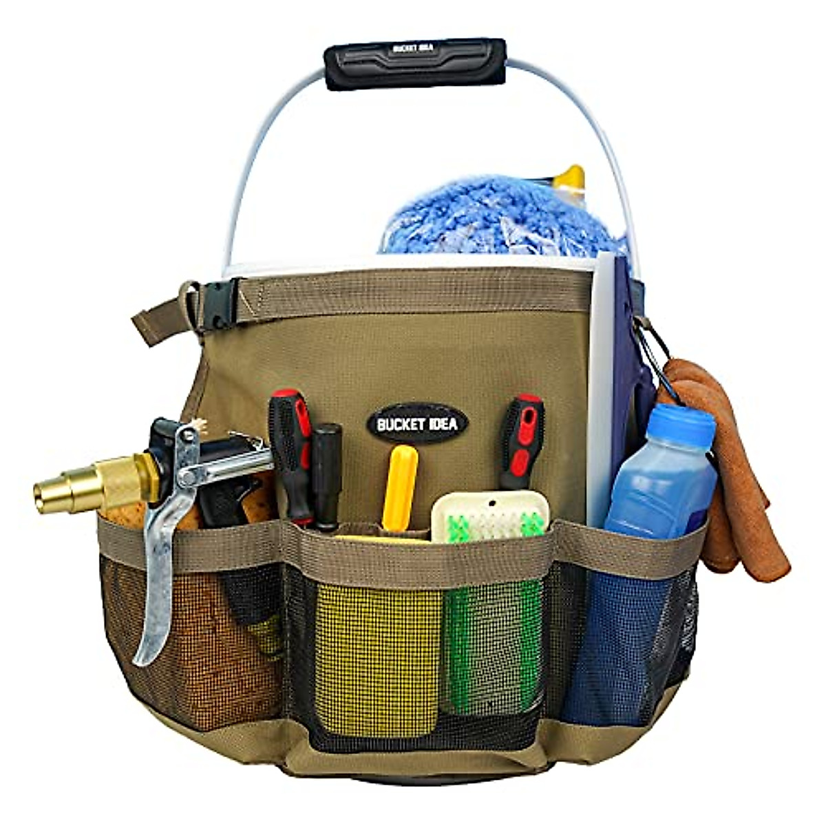 Bucket Idea Wash Tool Organizer for 5 Gallon Bucket, cleaning bucket organizer Water-resistant Mesh Pockets for Clean Supplier , Car Wash Supplier，Soap and Towel Holder Ring Included , Khaki Color (1)