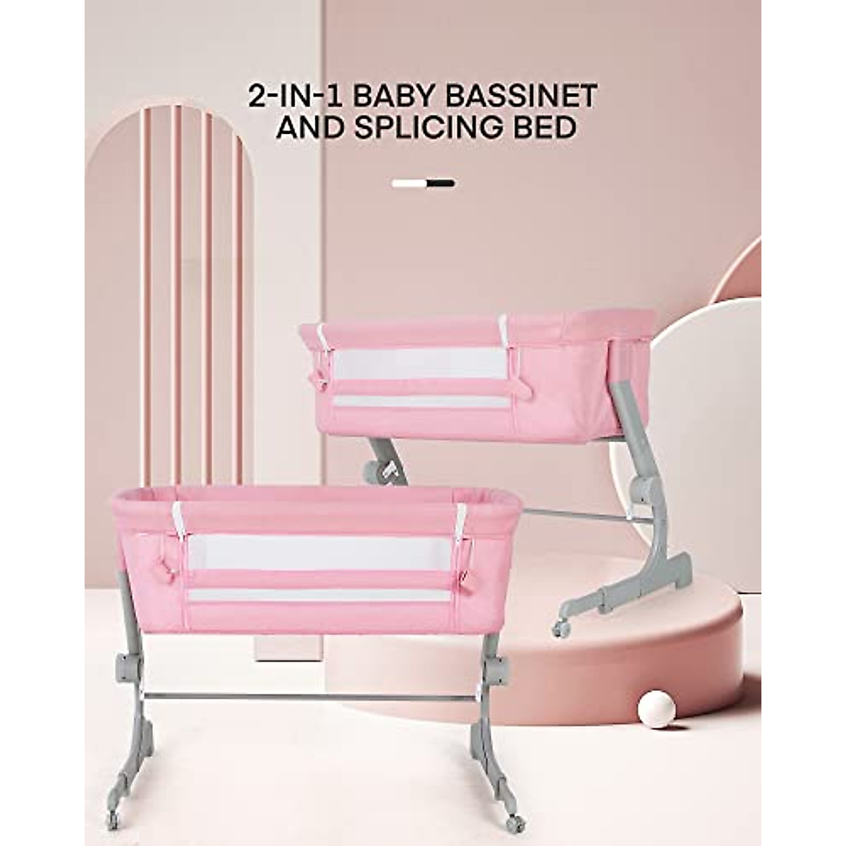 BAHOM Bassinet Bedside Sleeper, 2-in-1 Bedside Bassinet for Baby, Adjustable Height with Portable Infant Nest for Newborns, Mesh Walls Crib Bassinets (Pink)