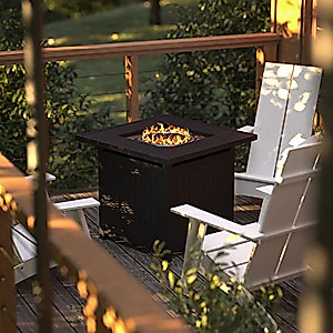 Flash Furniture Olympia 50,000 BTU Outdoor Propane Gas Fire Pit Table - Black Stainless Steel Tabletop and Steel Wicker Detail Base - 28" Square - Included Lava Rocks