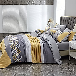 ENUULLAO Patchwork Stripe Comforter Set King Size, 6 Pieces Bed in A Bag,Grey and Yellow Patchwork Striped Comforter and Sheet Set,All Season Bedding Set(Grey/Yellow,King)