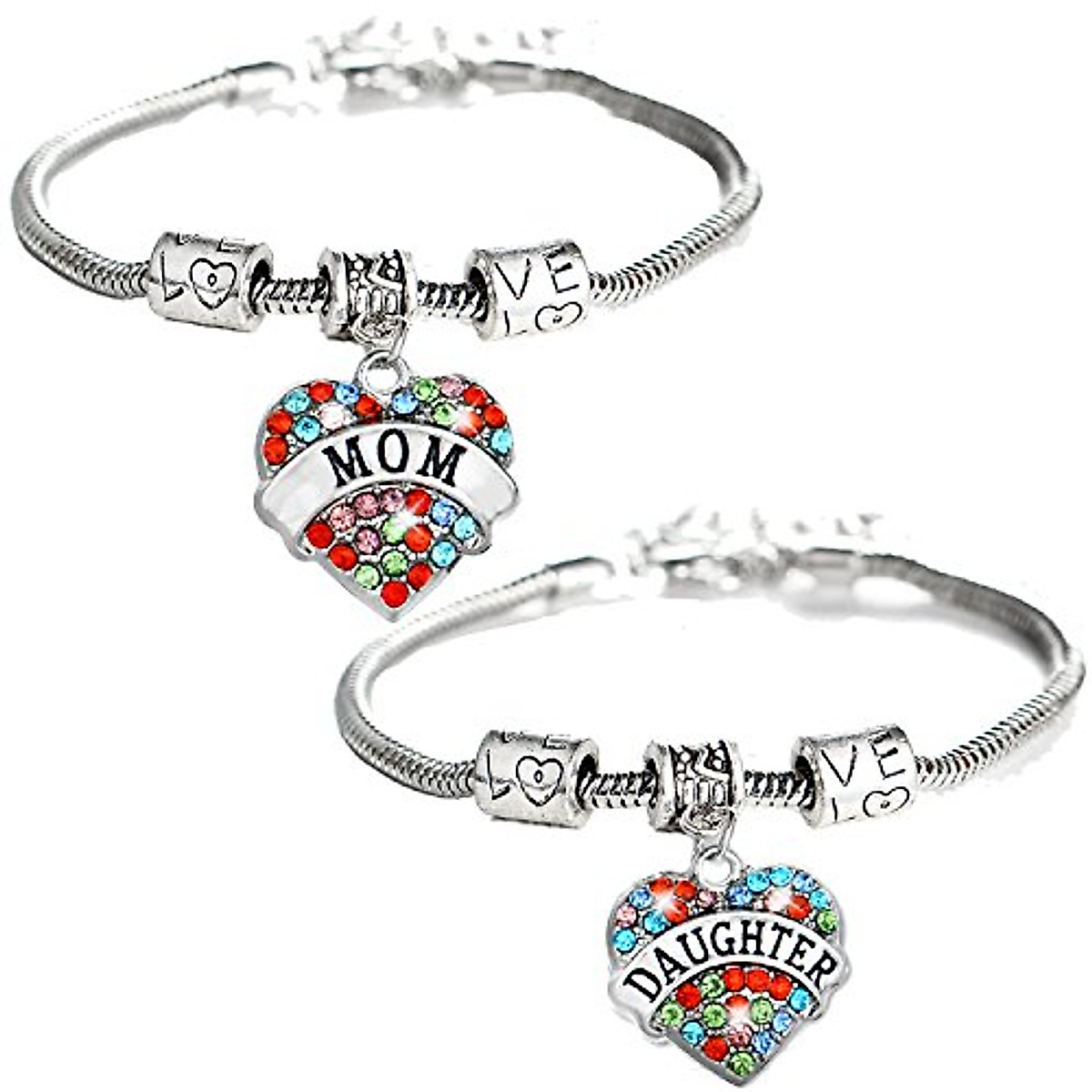 YEEQIN Set of 2 Crystal Heart Mom Daughter Charm Bracelet Jewelry Gift for Mother and Daughter (Multicolor)