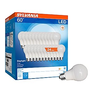 SYLVANIA LED A19 Light Bulb, 60W Equivalent, Efficient 9W, CEC Compliant, 10 Year, Non-Dimmable, 5000K, 800 Lumens, 90 CRI, Daylight - 24 Pack (41373)