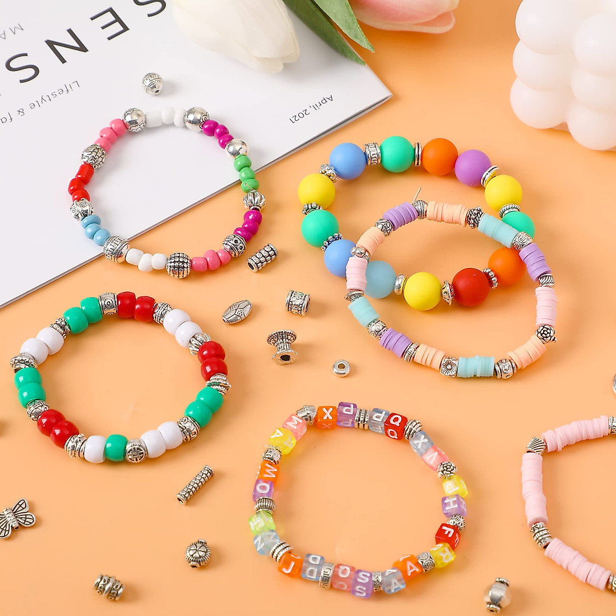 UPINS 300Pcs Silver Spacer Beads for Jewelry Making Bracelet Necklace Crafts Silver Beads Metal Alloy Beads Loose Spacer Beads with Radom Styles for DIY