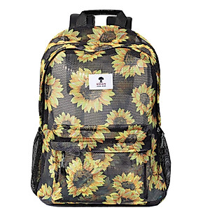 ESVAN Original Print Mesh Backpack Semi-Transparent Sackpack See Through Beach Bag Daypack Multi-Purpose Women Men Unisex (Sunflower)